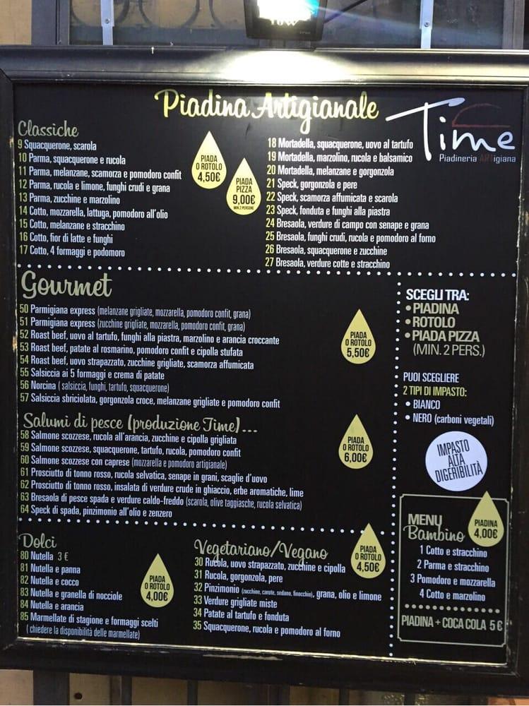 Menu at Piadineria Time fast food, Rome, Piazza del Teatro di Pompeo