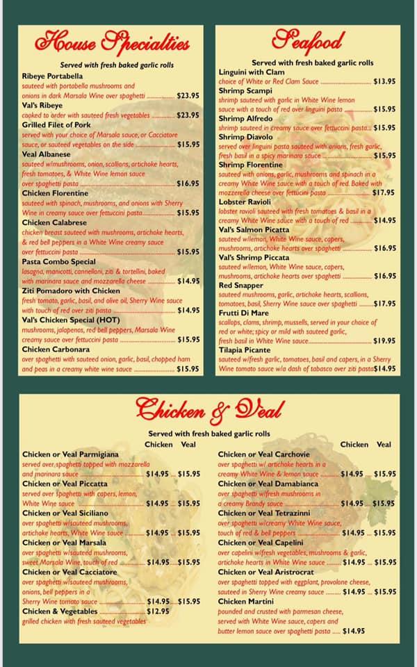 Menu at Val's Italian Restaurant, Mineola