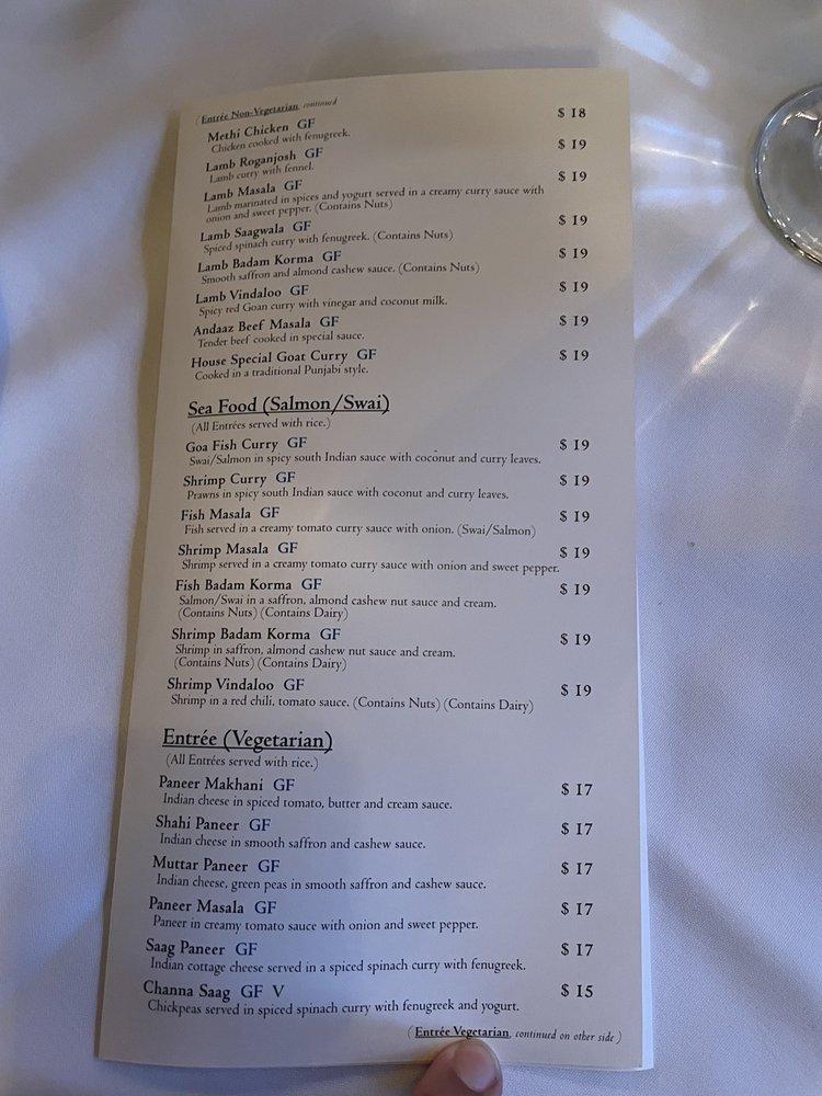 Menu at Andaaz restaurant, Asheville