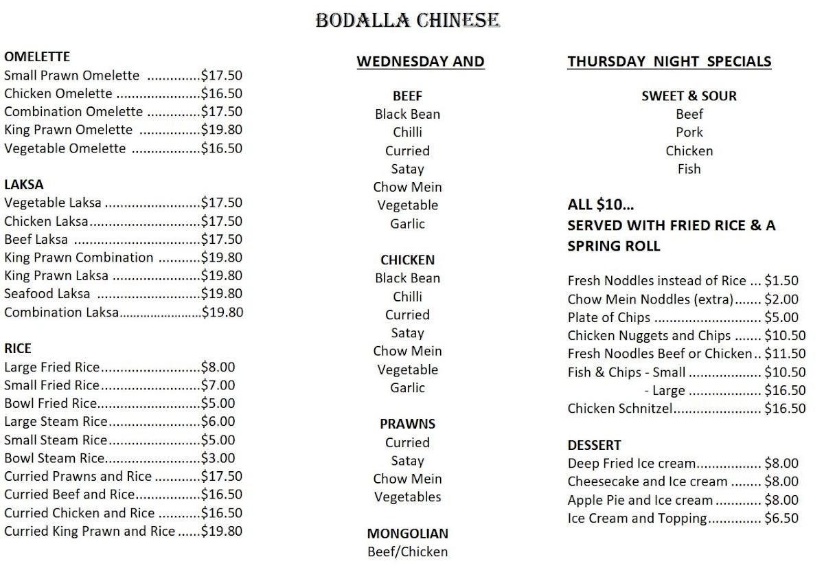 Menu at Bodalla Bowling & Recreation Club, Bodalla