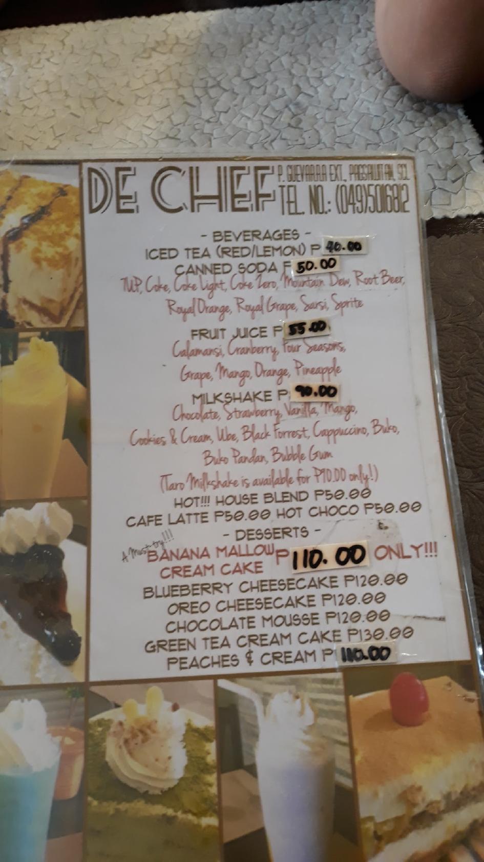 Menu at De Chef Mini Resto restaurant, Santa Cruz, 7CCC+4X4