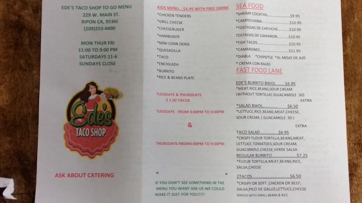 Menu at Ede's Taco Shop restaurant, Ripon