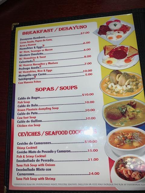 Carta del restaurante El Rumbero Ecuatoriano, Bridgeport