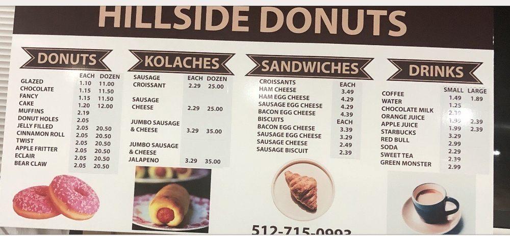 Menu at Hillside Donuts, Burnet