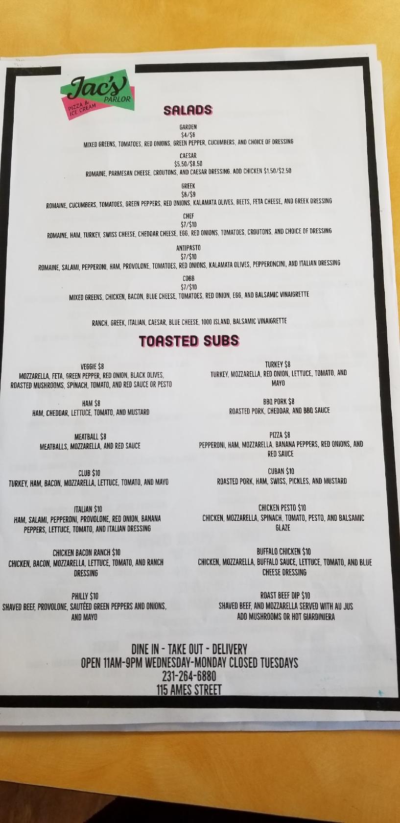Menu at Jac's Family Restaurant, Elk Rapids