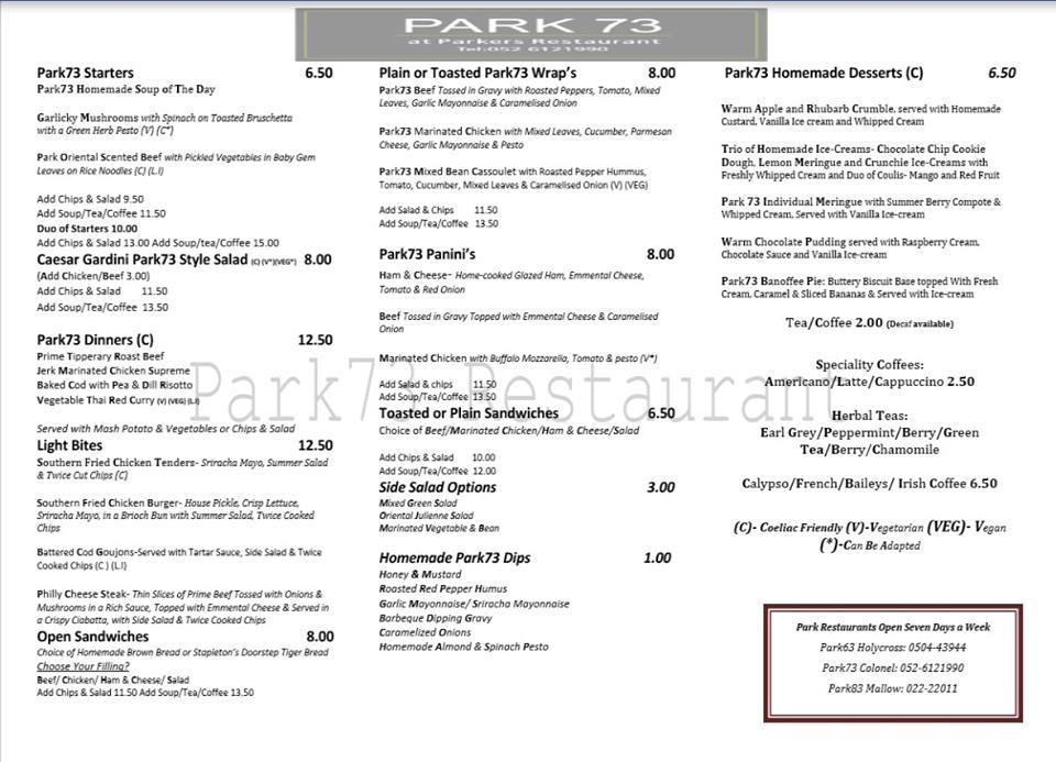 Menu at Park73 at Parkers Of Clonmel restaurant, Clonmel, Thomas St