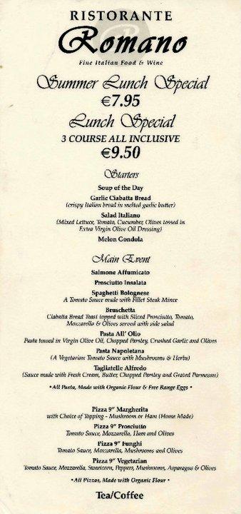 Menu at Ristorante Romano restaurant, Dublin