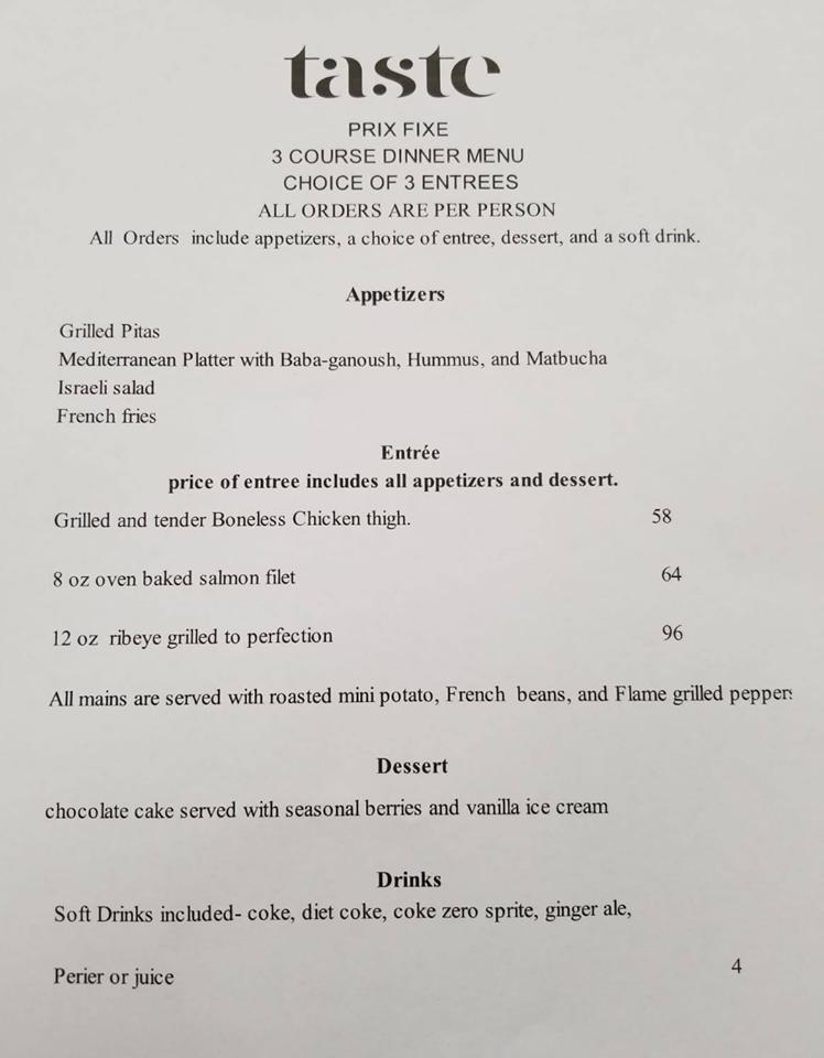Menu at Taste restaurant, Niagara Falls