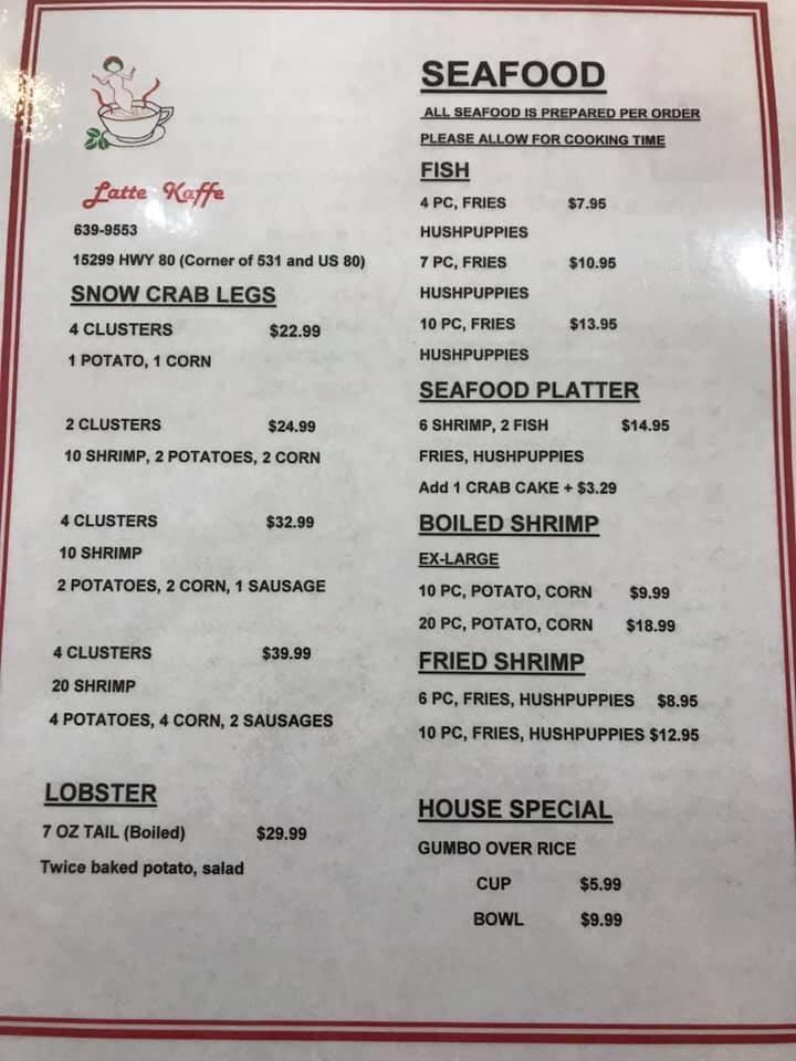 Menu at Latte Kaffe restaurant, Minden, US-80