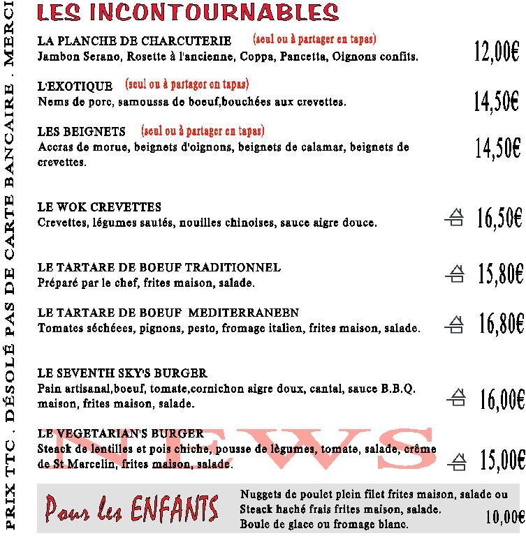 Menu au Le 7ème Ciel pub et bar, Cuers