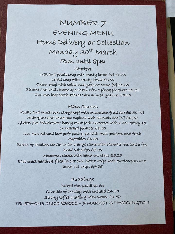 Menu at Number 7 restaurant, Haddington