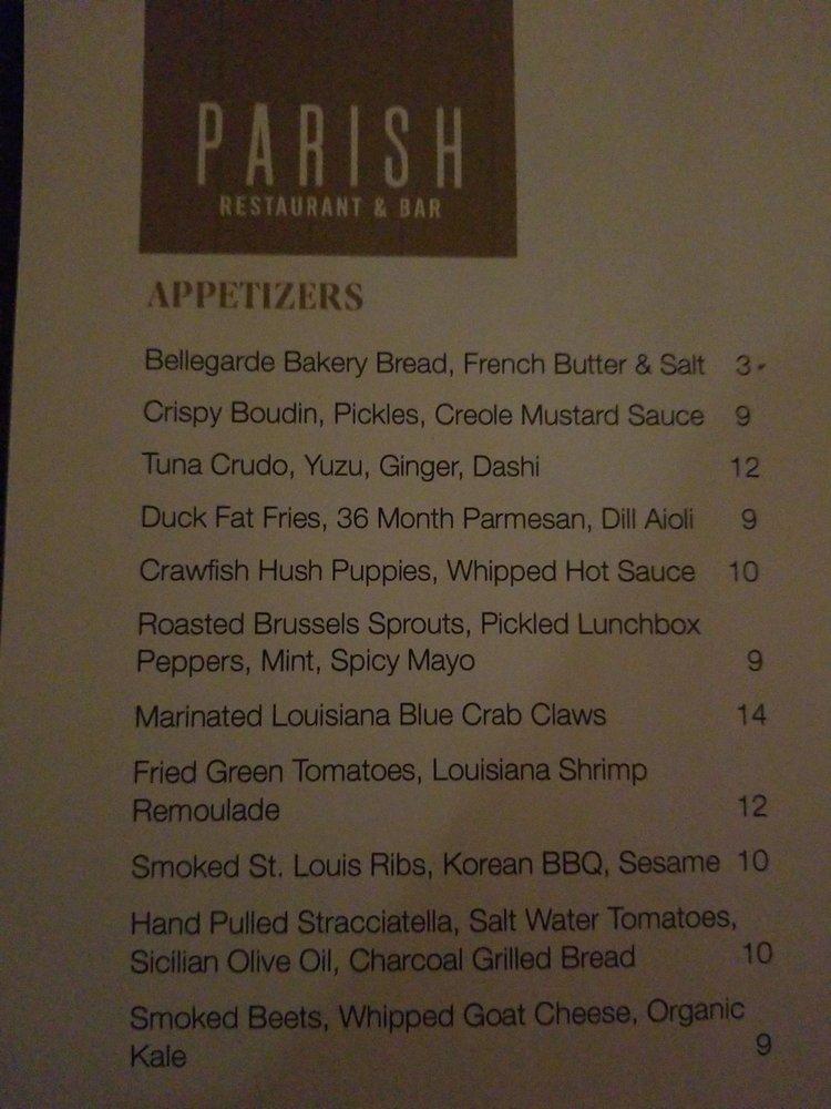 Menu at Parish Restaurant & Bar, Monroe