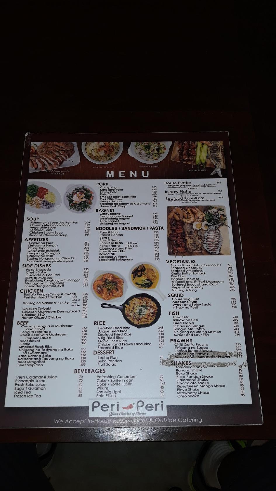 Menu at Peri Peri restaurant, Angeles