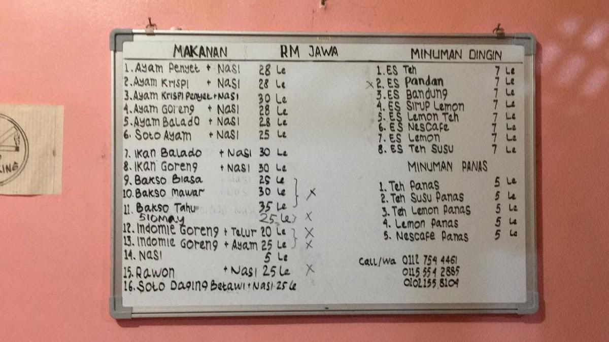 Menu at RM Jawa restaurant, Cairo