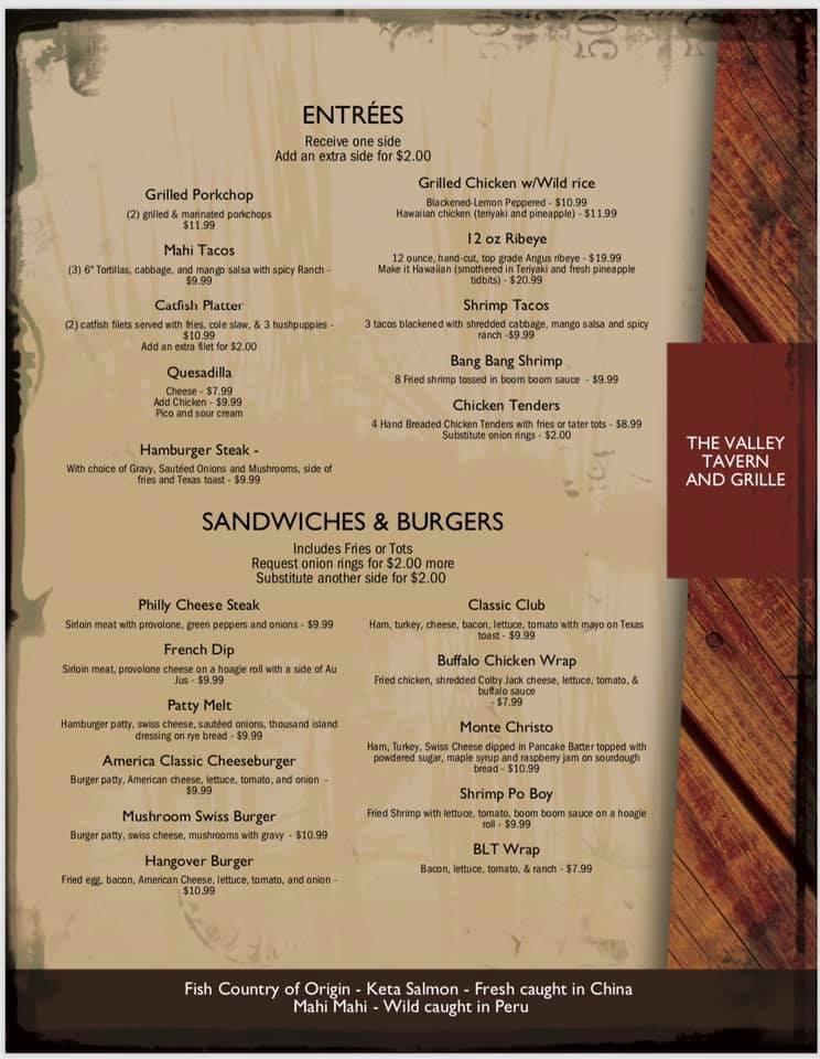 Menu at Valley Tavern and Grille pub & bar, Cullman