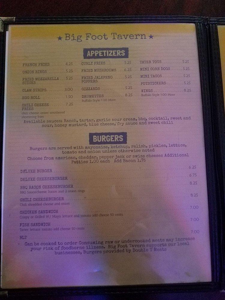 Menu at Bigfoot Tavern pub & bar, Eatonville