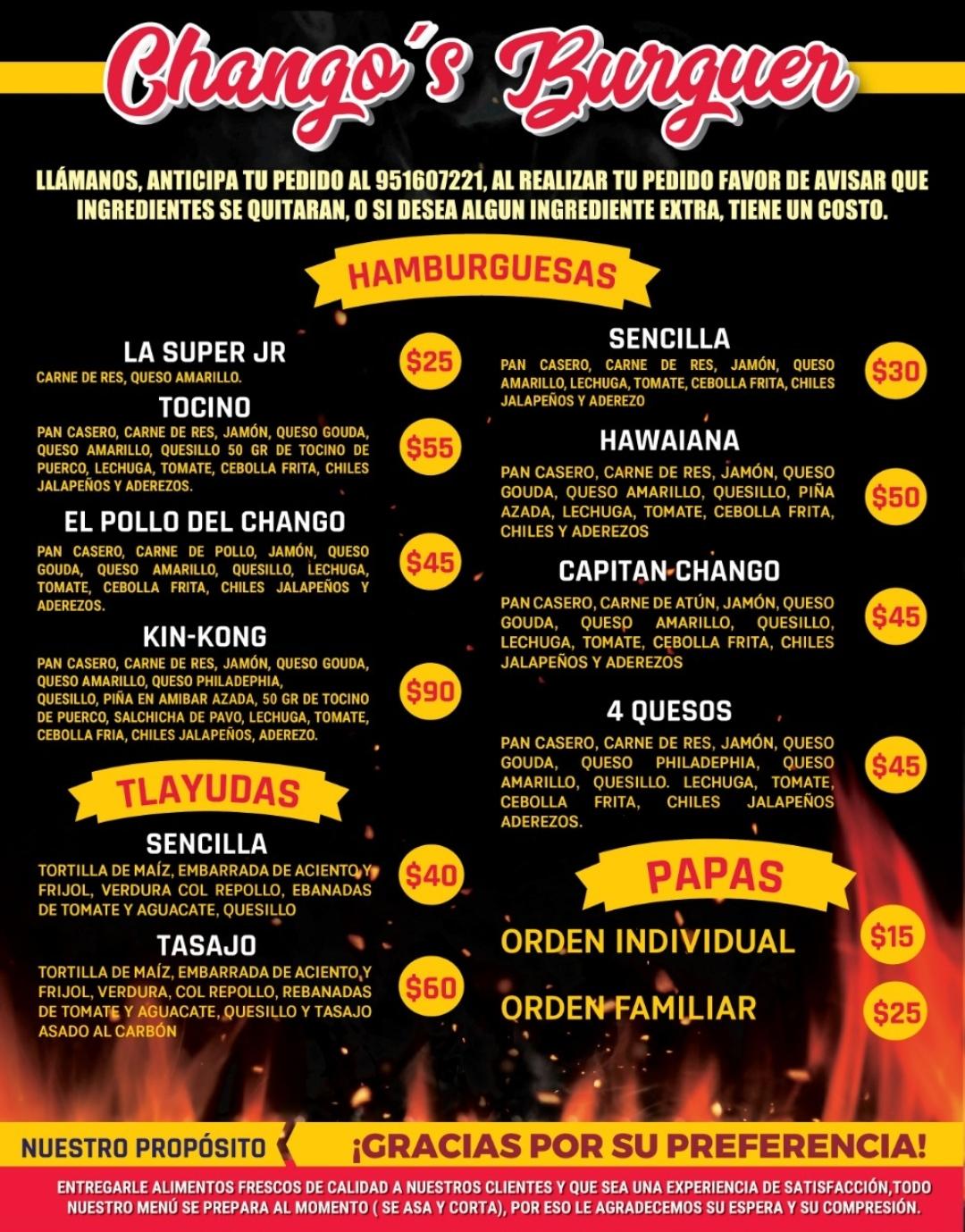 Menu at Changos's Burguer's restaurant, San Antonio de la Cal