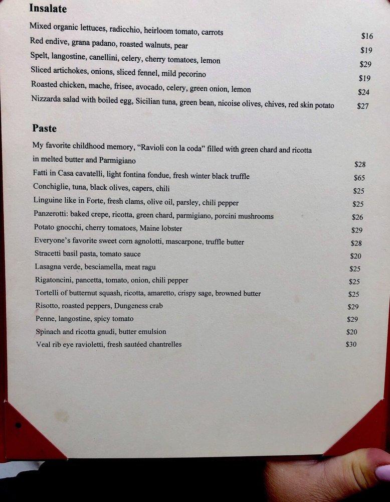 Menu at Giorgio Baldi restaurant, Santa Monica