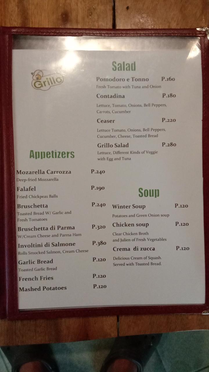 Menu at Grillo Pizzeria Ristorante, Calapan