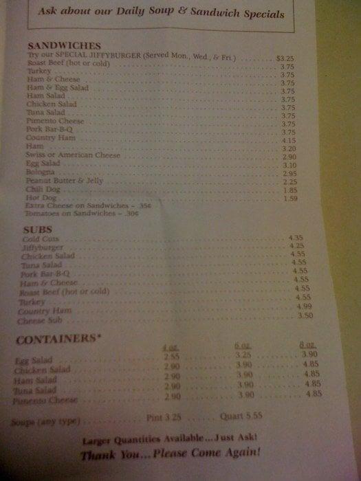 Menu at Jiffy Sandwich Shoppe restaurant, Winchester