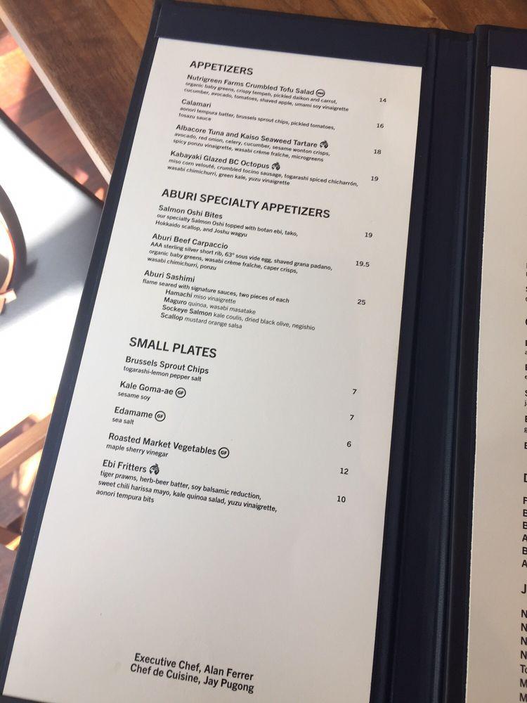 Menu at Minami restaurant, Vancouver