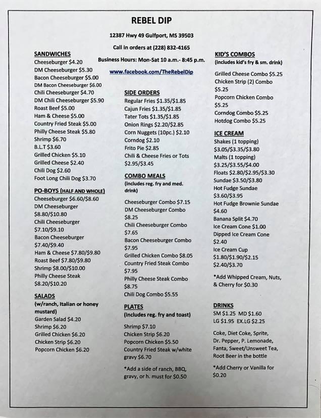 Menu at Rebel Dip restaurant, Gulfport