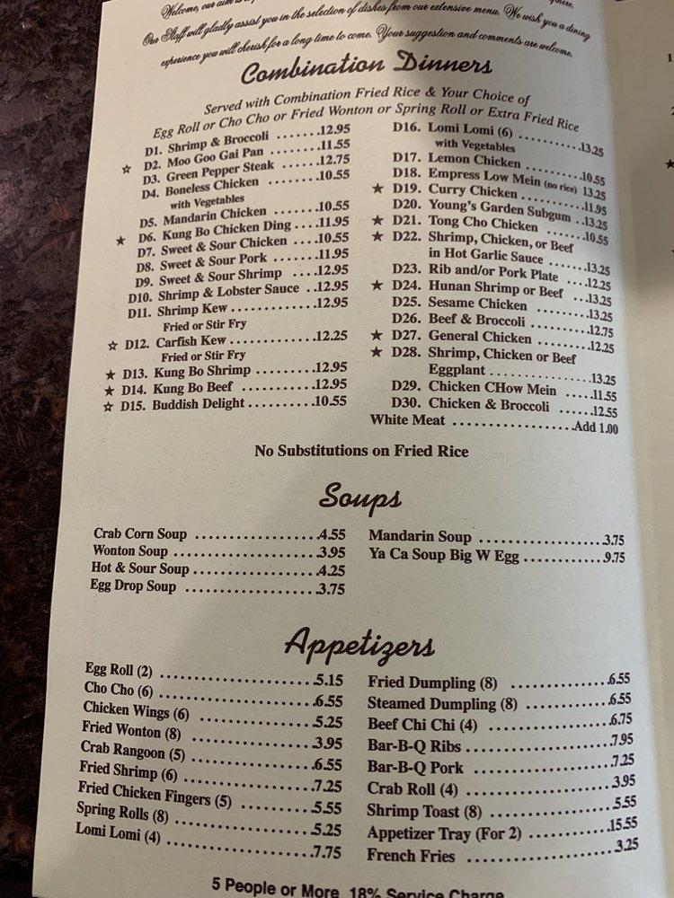Menu at Young's Garden Chinese Restaurant, Kenner, Williams Blvd