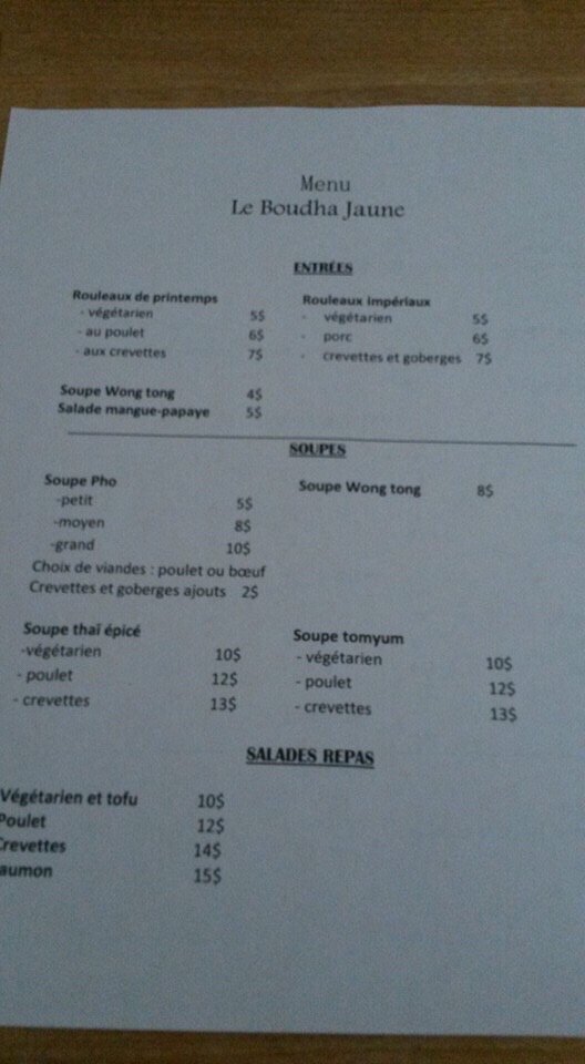 Menu au Boudha Jaune restaurant, Gatineau
