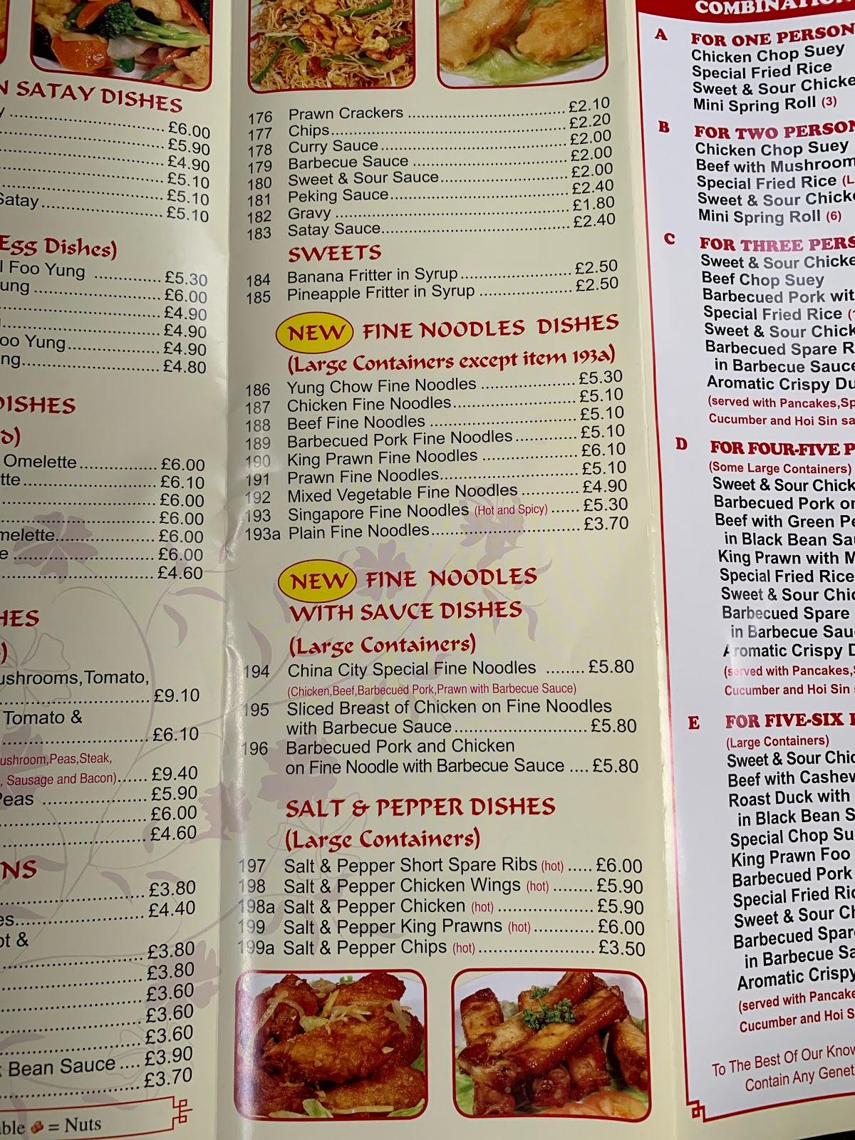 Menu at China City fast food, Cromer