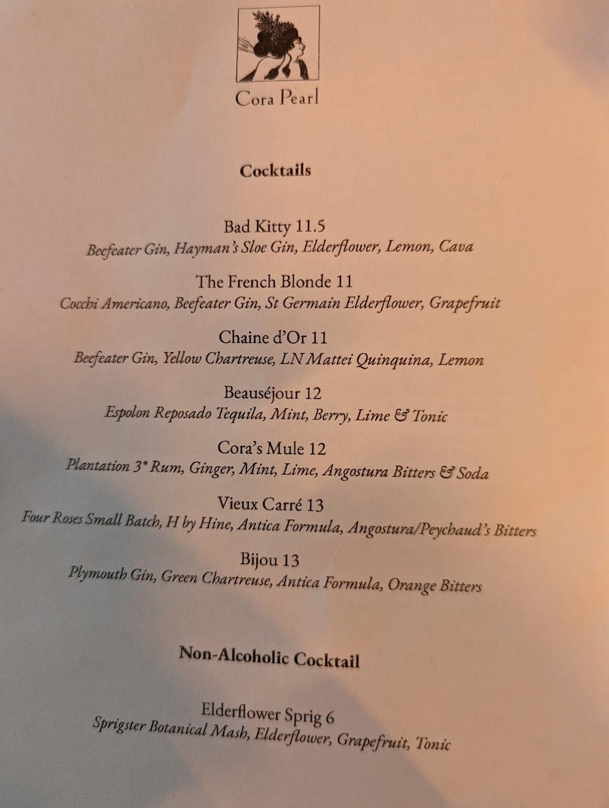 Menu at Cora Pearl Covent Garden pub & bar, London