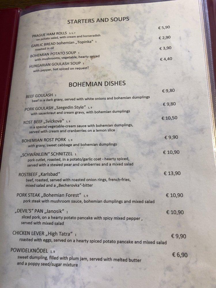 Menu at Zum Schwänlein restaurant, Nuremberg