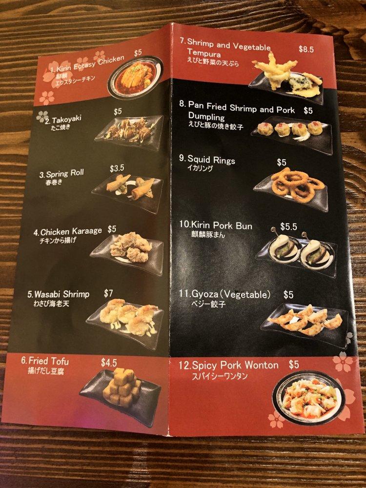 Menu at Kirin Ramen restaurant, Wilsonville