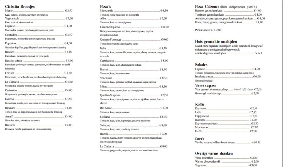 Menu at La Ciabatta, Utrecht