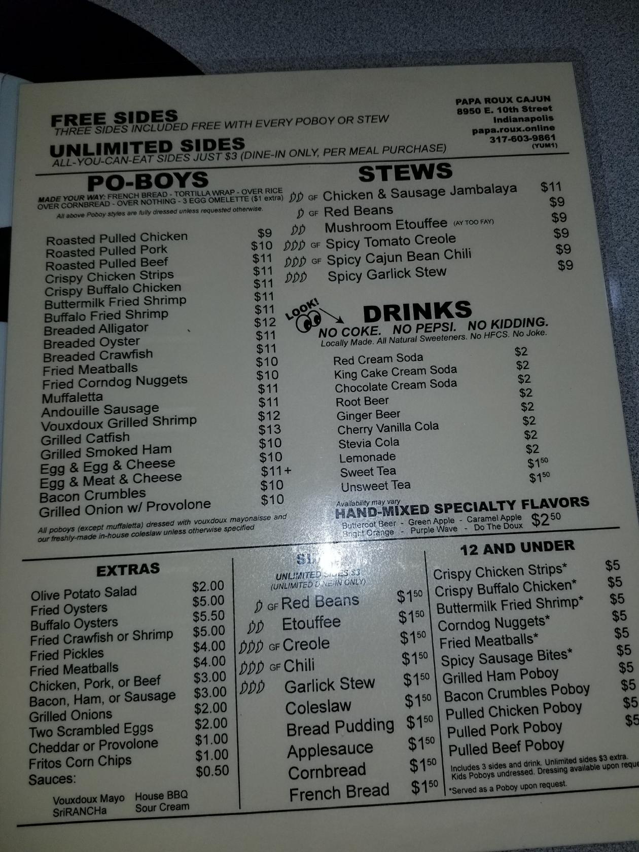 Menu at Papa Roux restaurant, Indianapolis, E 10th St