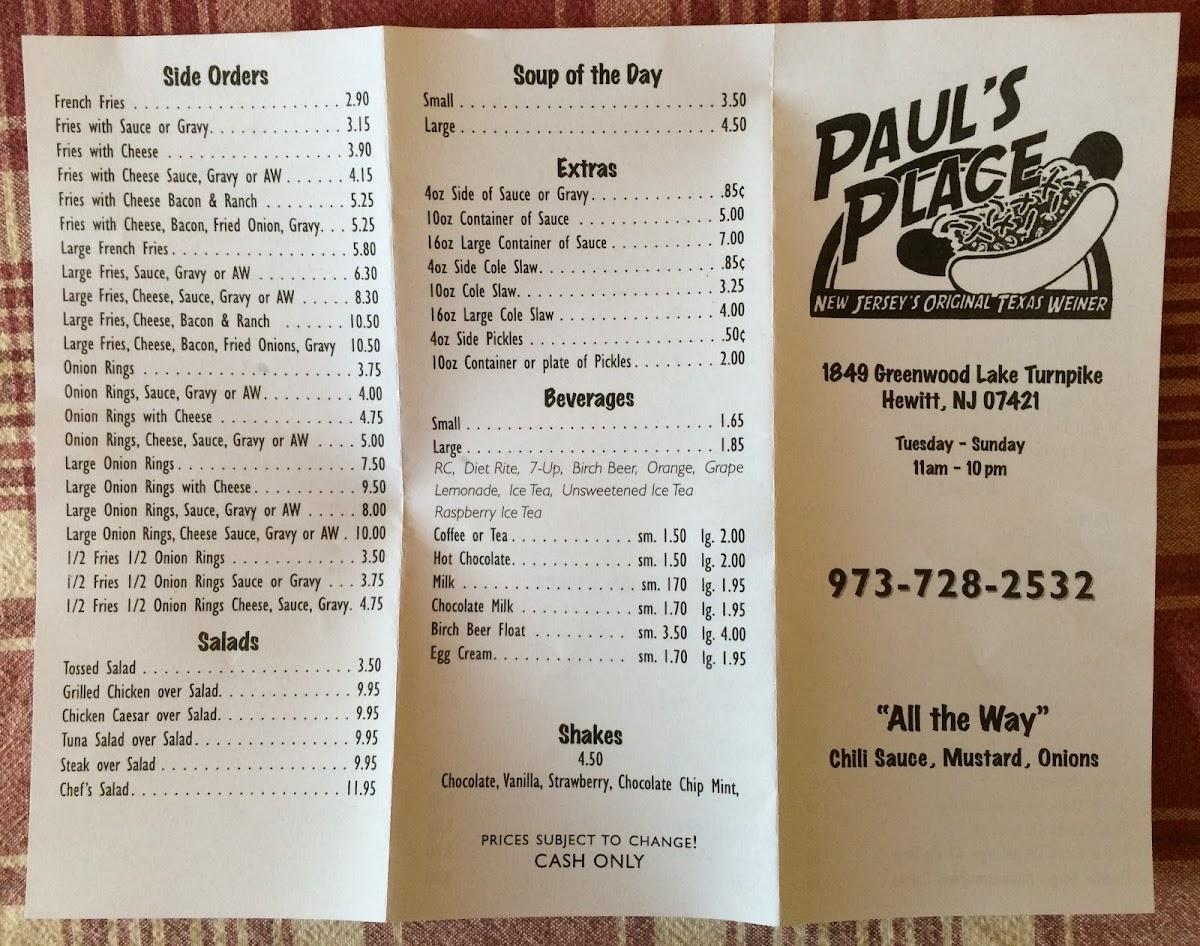 Menu at Paul's Place restaurant, West Milford