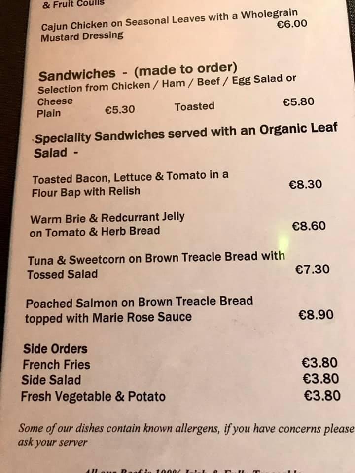 Menu at Poet's Corner Bar, Ennis
