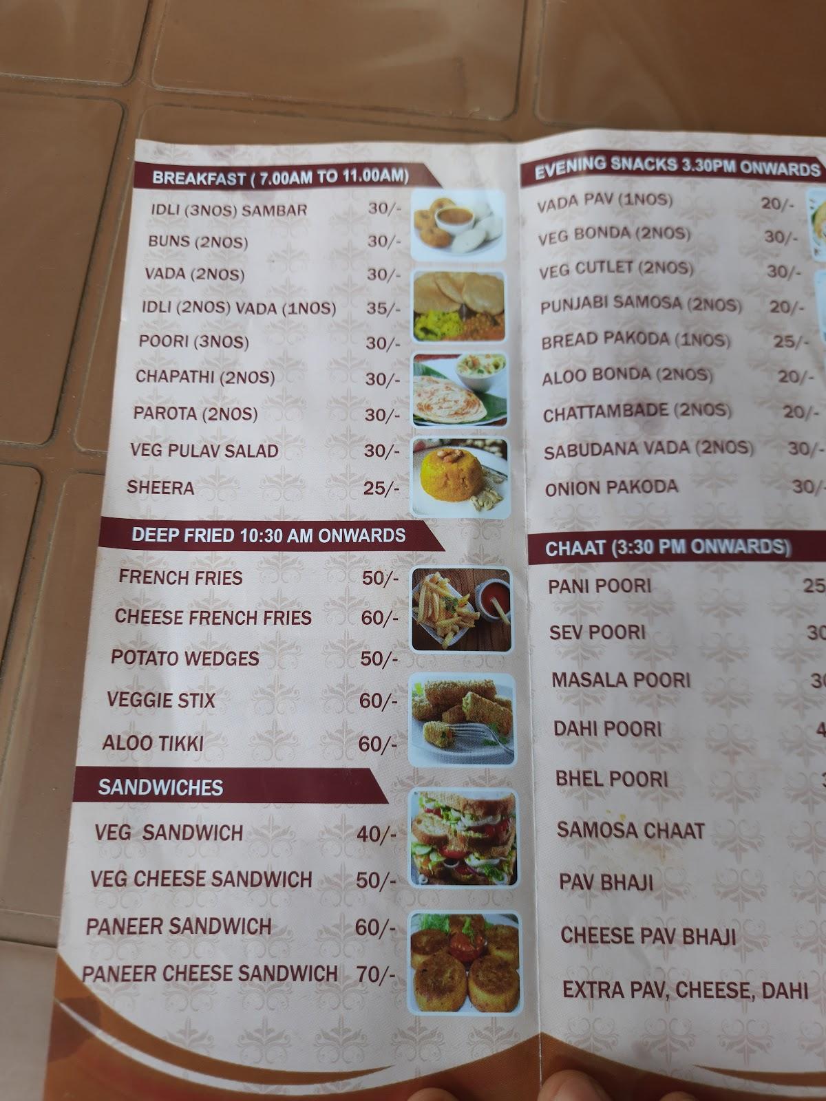 Menu at Sai's cafe, India