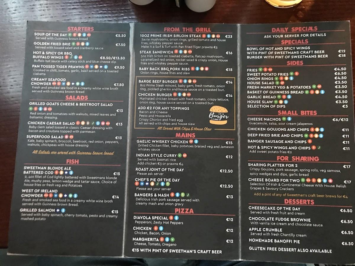 Menu at The Barge Gastro Bar, Dublin