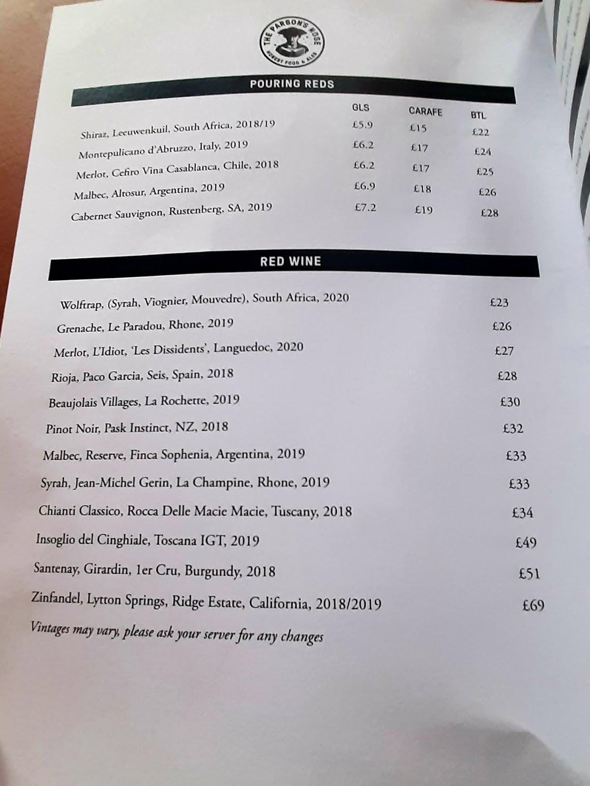 Menu at The Parson's Nose restaurant, Hillsborough