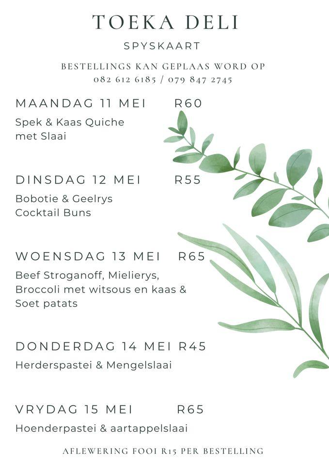 Menu at Toeka Deli & Koffie Winkel cafe, Lichtenburg