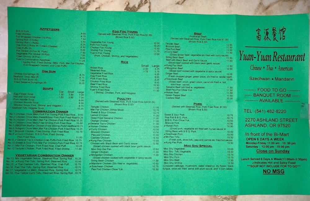 Menu at Yuan Yuan Restaurant, Ashland