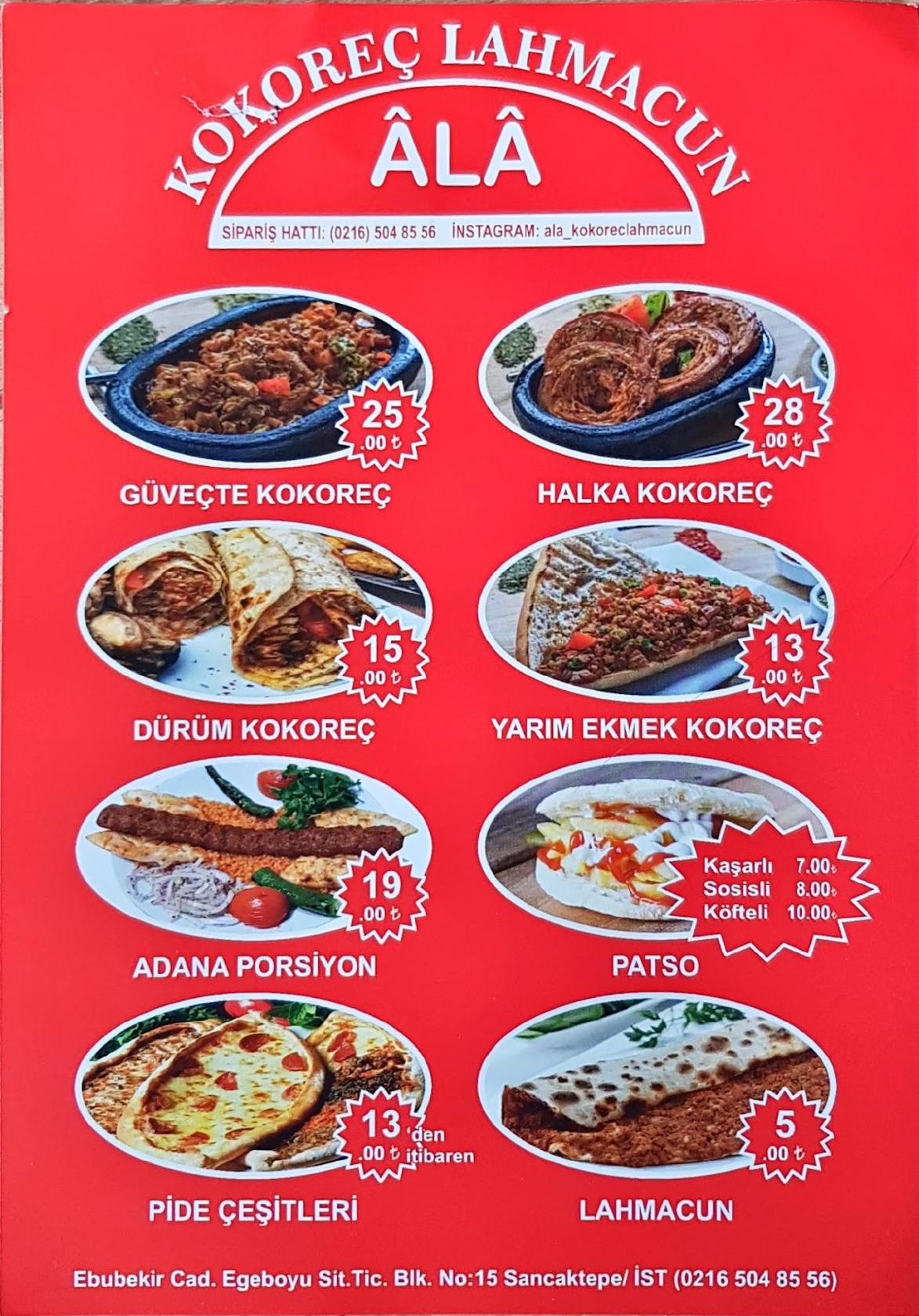 Menu at ALA Kokoreç Lahmacun, Istanbul