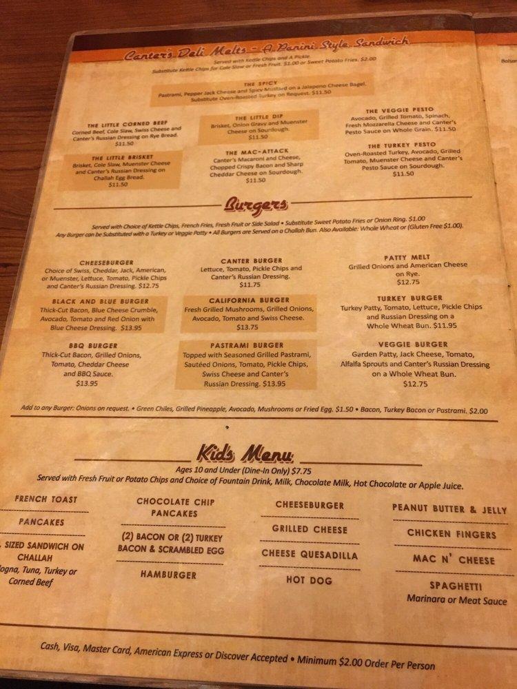 Menu at Canter's Deli restaurant, Los Angeles