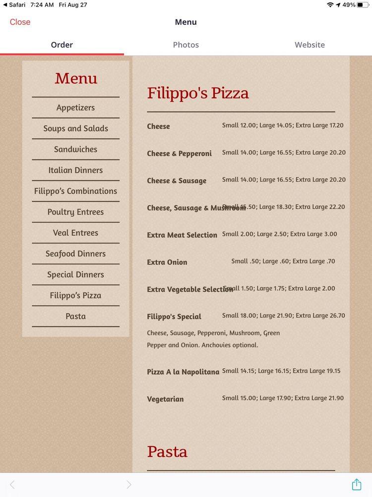 Menu at Filippo's Italian Restaurant, Milwaukee