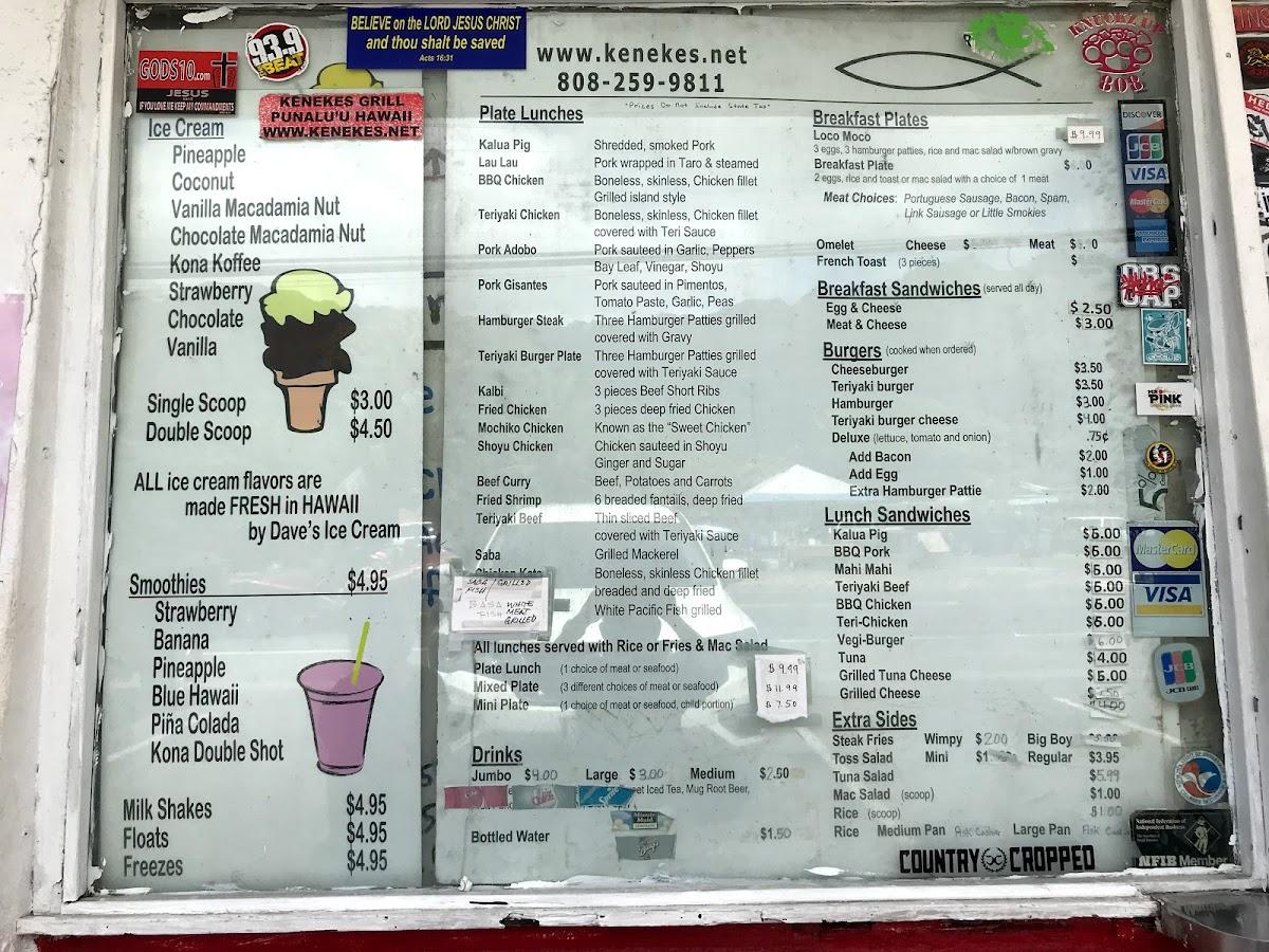 Menu at Keneke's restaurant, Waimanalo, 41-685 Kalanianaʻole Hwy