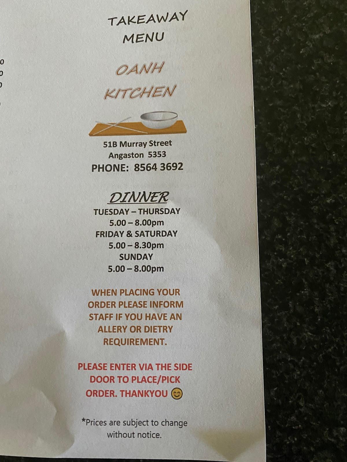 Menu at Oanh Kitchen Restaurant, Angaston