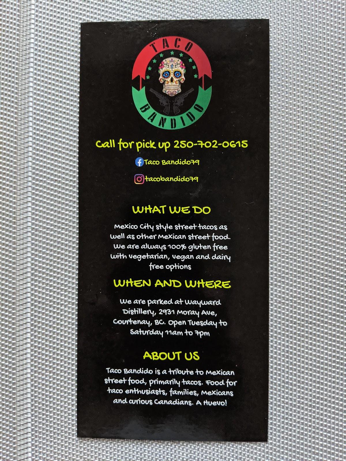 Menu at Taco Bandido restaurant, Courtenay