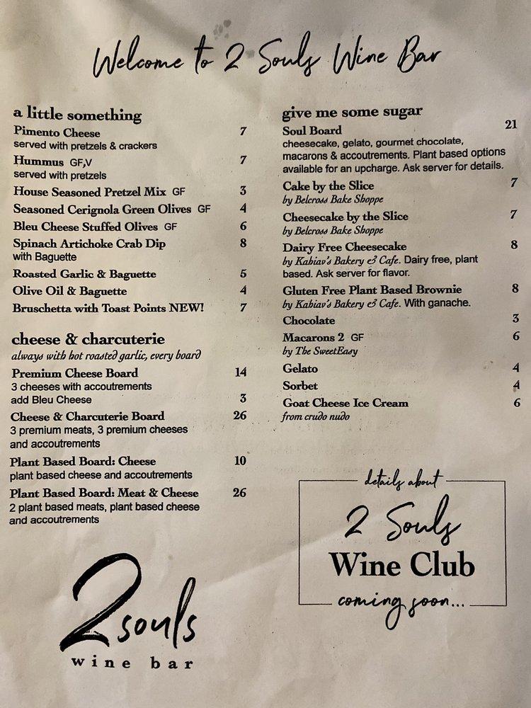 Menu at 2 Souls Wine Bar, Elizabeth City