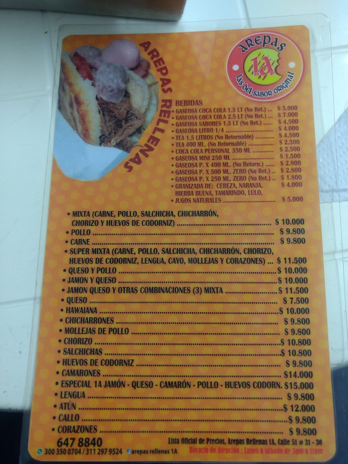 Carta del restaurante Arepas rellenas 1a, Bucaramanga, Cl. 51 #31 - 30