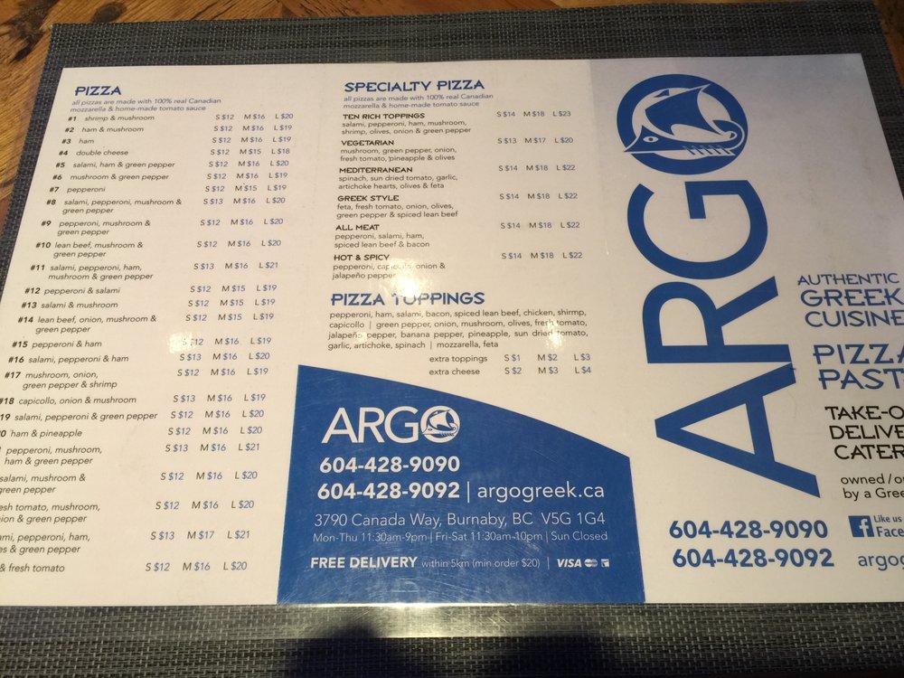Menu at Argo Greek Cuisine Pizza & Pasta pizzeria, Burnaby